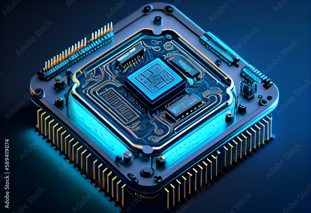 Futuristic blue neon microchip, data exchange and collection, smart new microchip concept ...