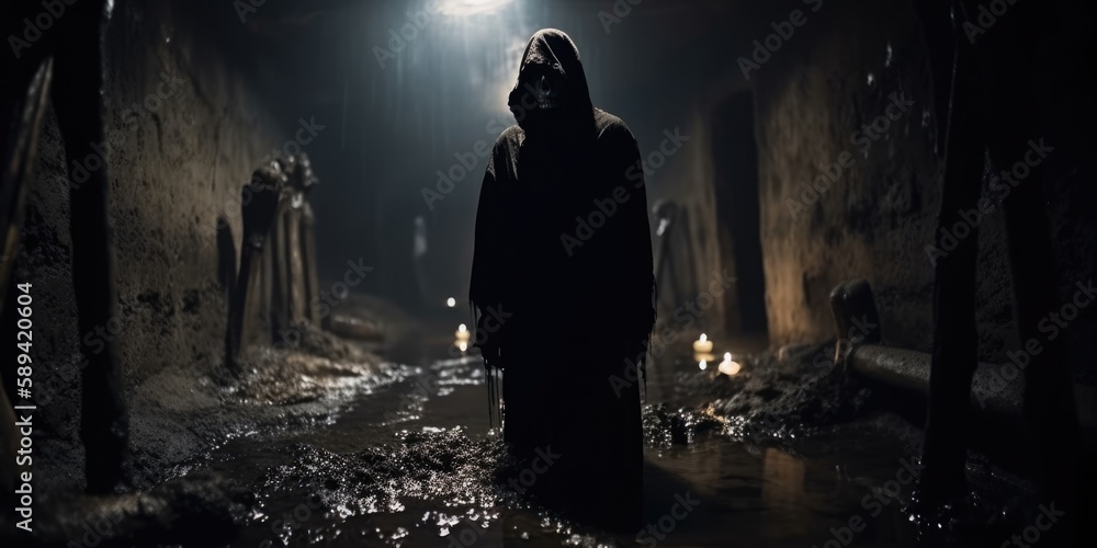 Illustrazione Stock Death cult member wearing a horrific skull mask ...