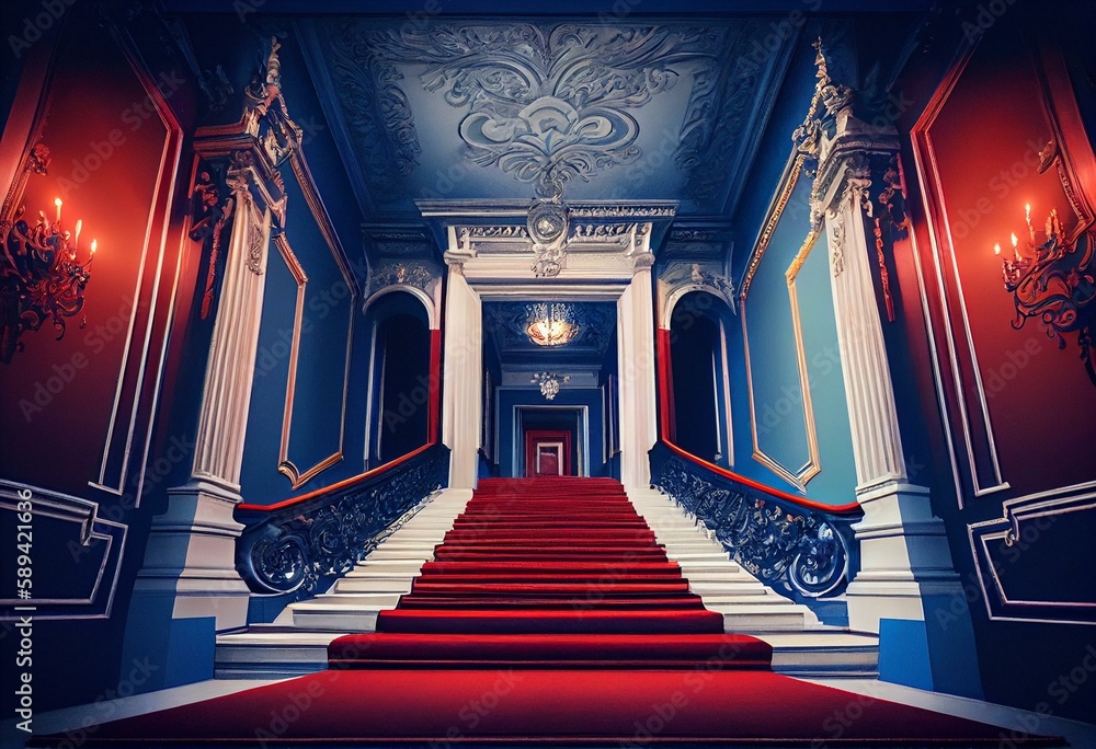 blue red carpet on the stairs in the building high interior gate door ...