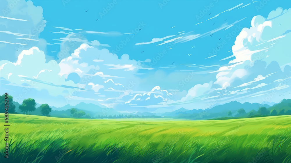 Summer fields, hills landscape, green grass, blue sky with clouds, flat ...