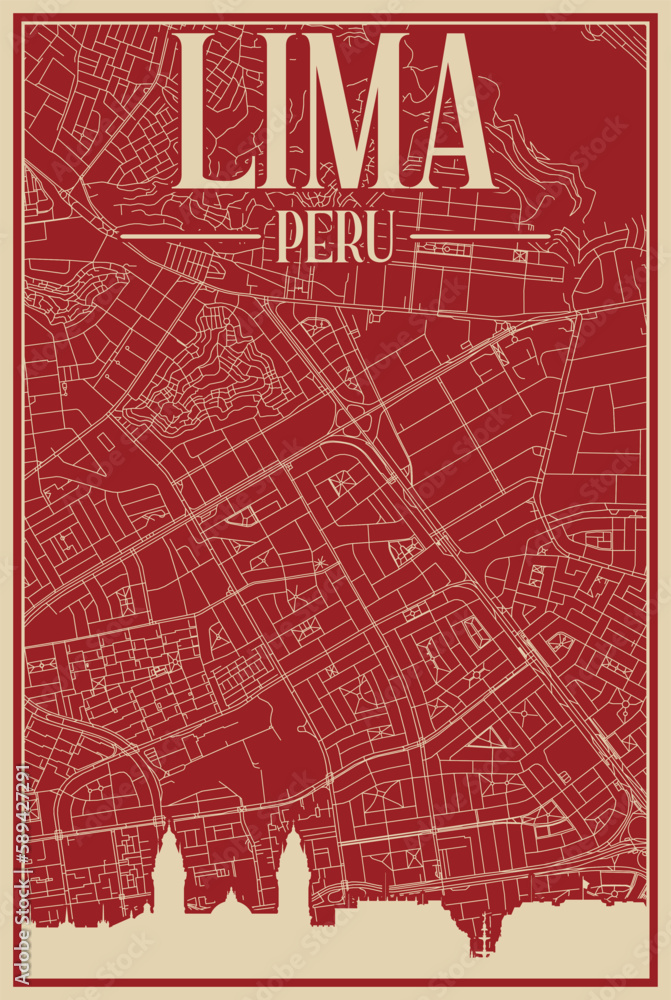 Colorful hand-drawn framed poster of the downtown LIMA, PERU with ...