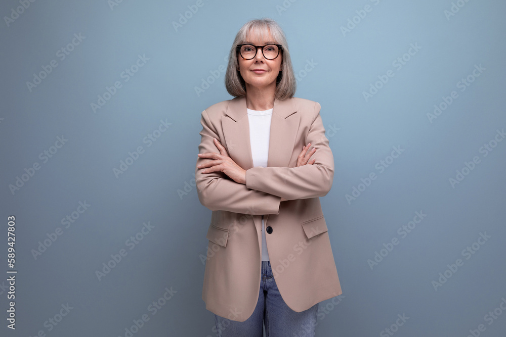 preppy fresh 60s middle aged business woman in stylish look on bright ...