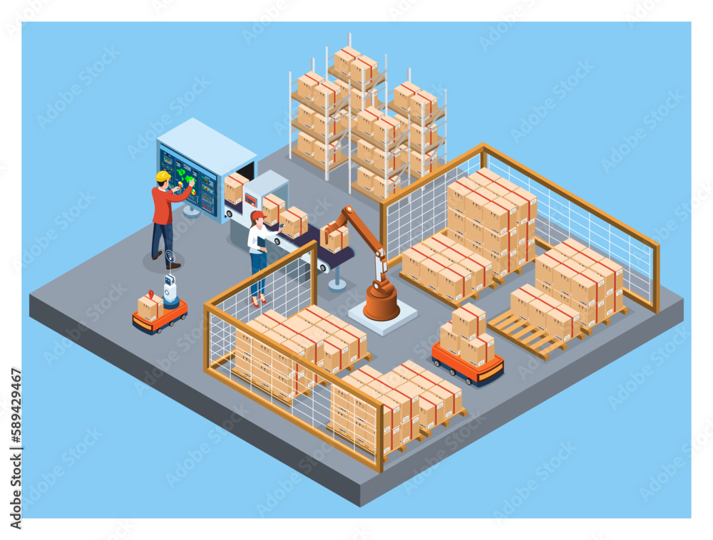 3D isometric automated warehouse robots and Smart warehouse technology Concept with Warehouse ...