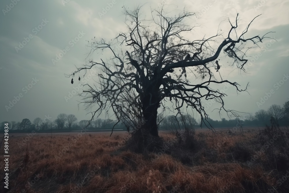 dead tree in the middle of an arid field. for horror scenes. Generative ...