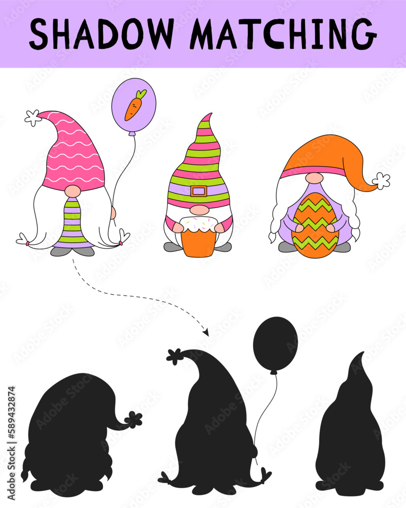 Cute Easter gnomes shadow matching activity for children. Simple ...