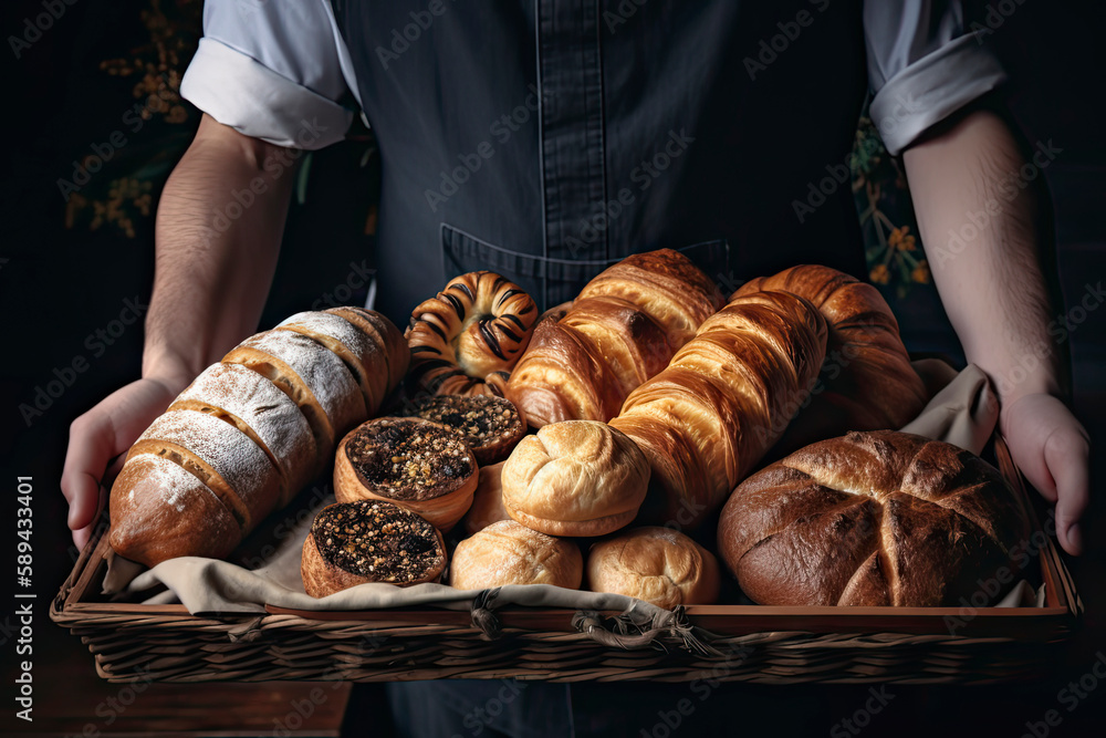 Bakery - various kinds of breadstuff on the rustic tray in baker's ...