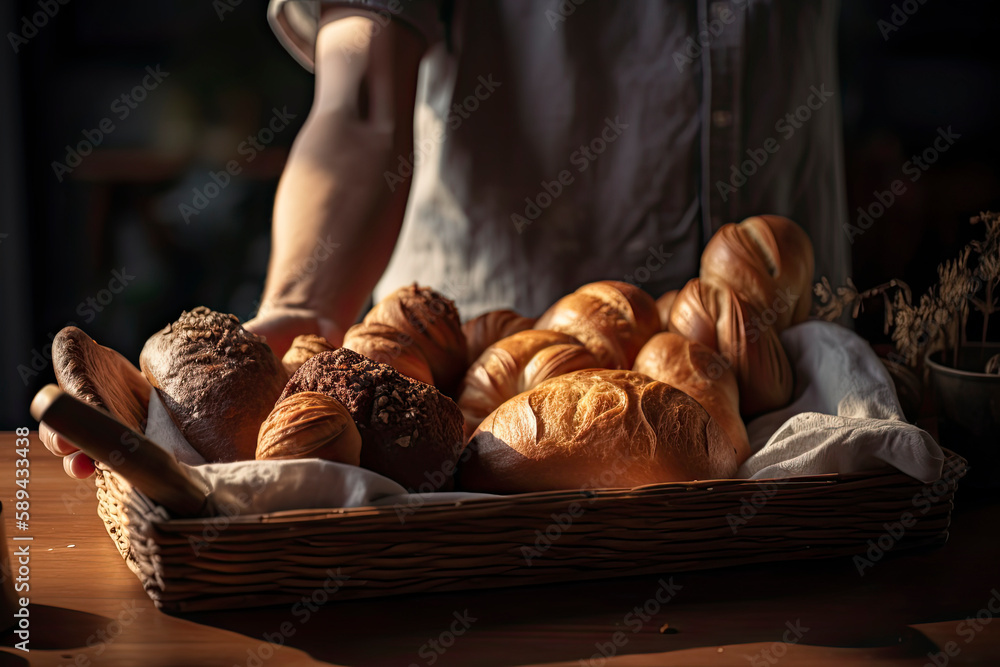 Bakery - various kinds of breadstuff on the rustic tray in baker's ...