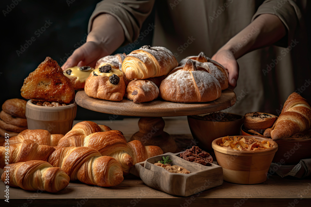 Bakery - various kinds of breadstuff on the rustic tray in baker's ...