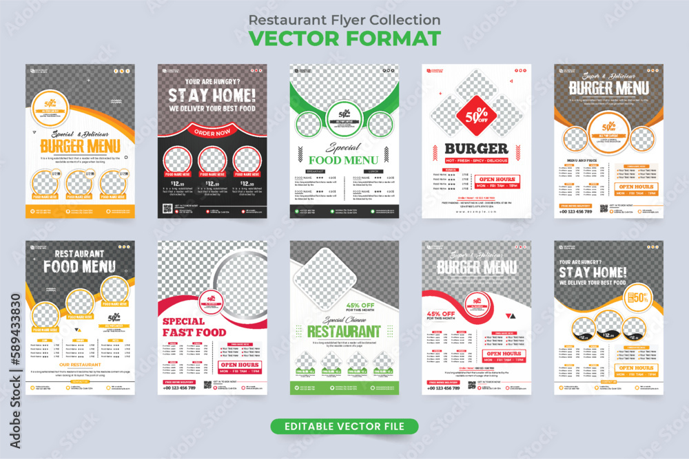Restaurant flyer template collection with colorful shapes. Modern ...