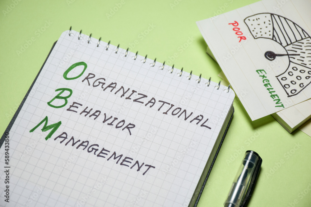 Organizational Behavior Management (OBM) handwritten on notepad with ...