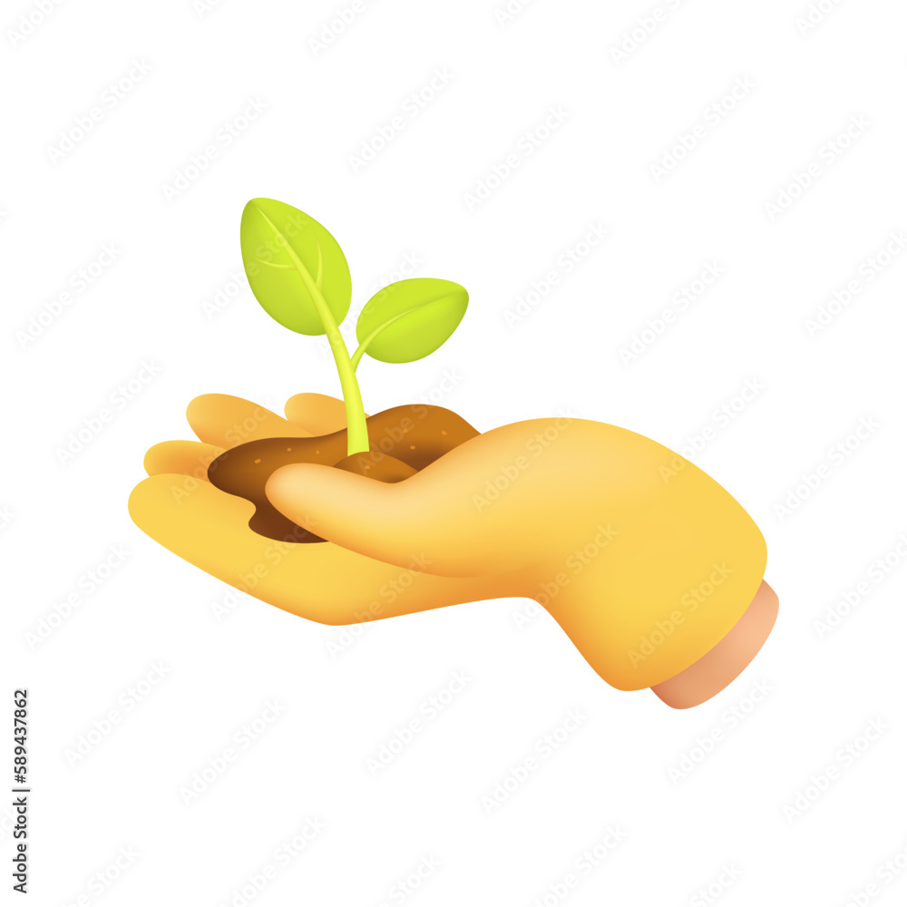 Hand in yellow rubber glove holding sprout 3D illustration. Cartoon ...