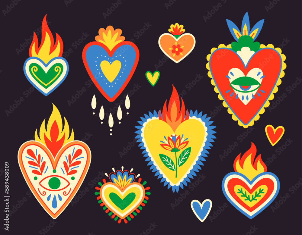 Mexican sacred hearts set. Collection of traditional latin american ...