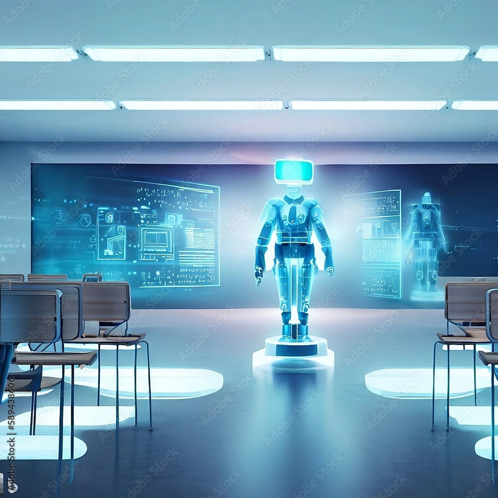 Futuristic classroom robot is teaching a class with many desks and ...