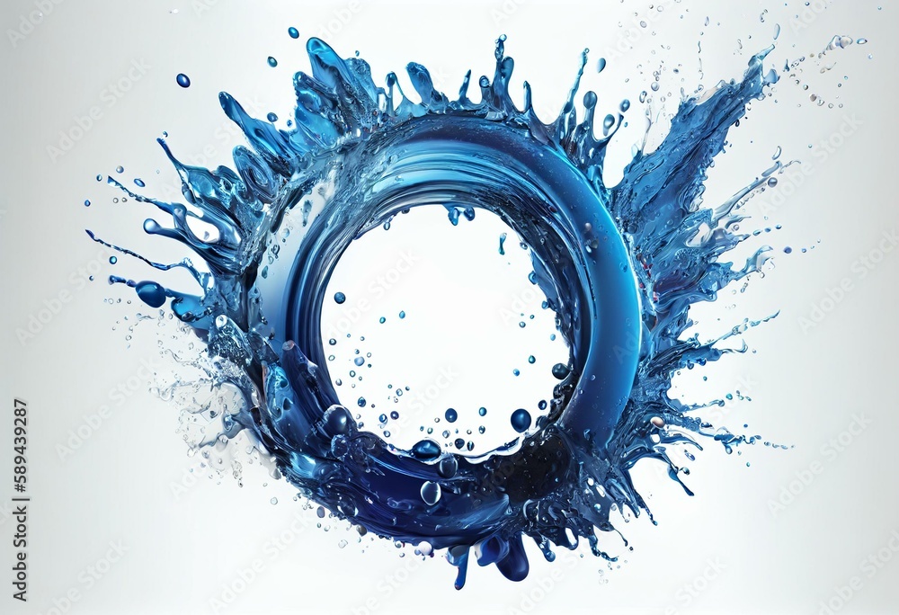 Blue water splash in circle and drops isolated on white background, 3D ...
