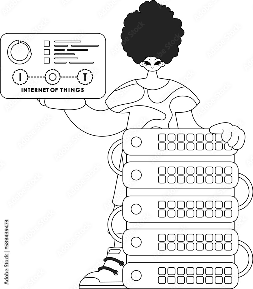 drawingMan and cloud storage server depicted in vector linear drawing ...