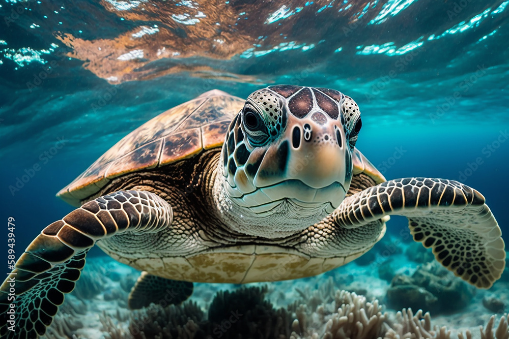 Generative AI image of an adult sea turtle. Sea turtles are an ...