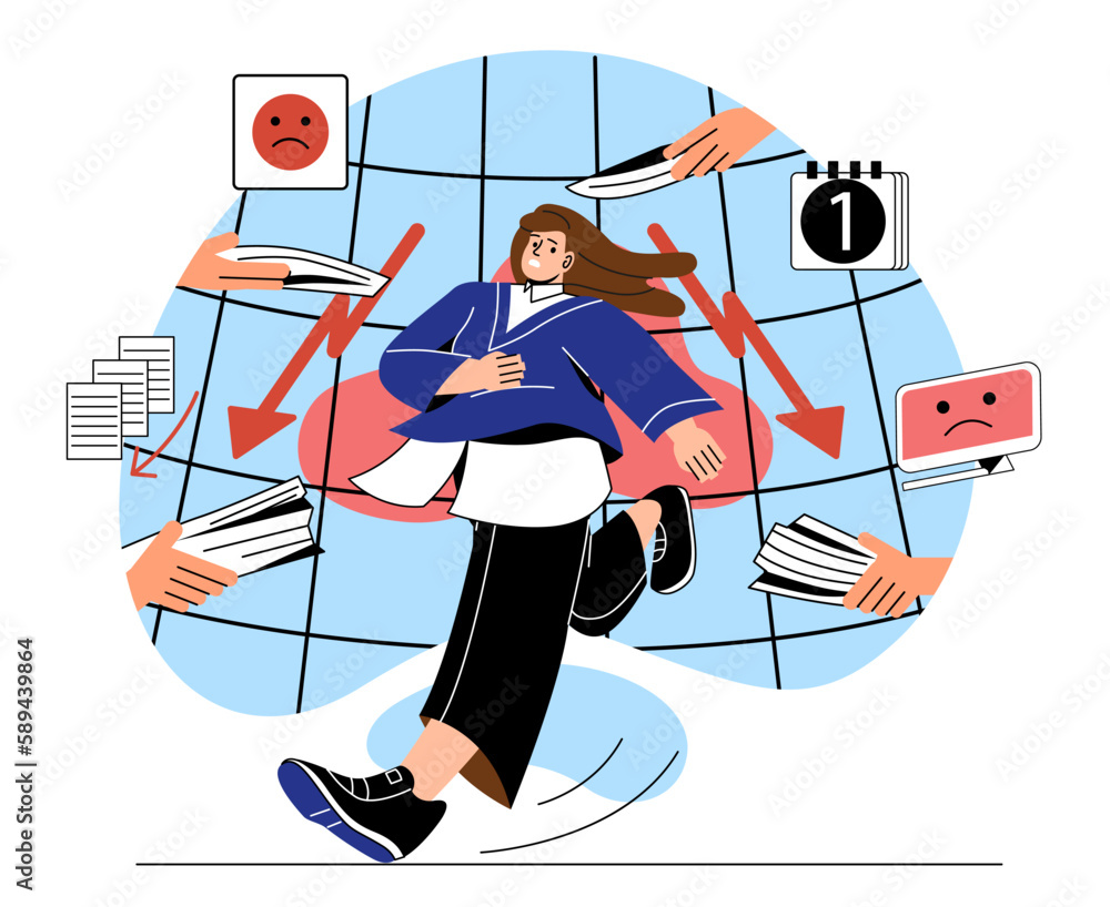 Stressing person concept. Woman with negative emotions runs away from ...