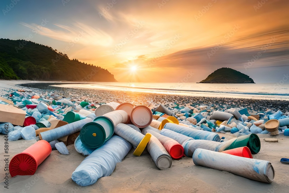 beach full of garbage and plastic waste as wide banner for ...