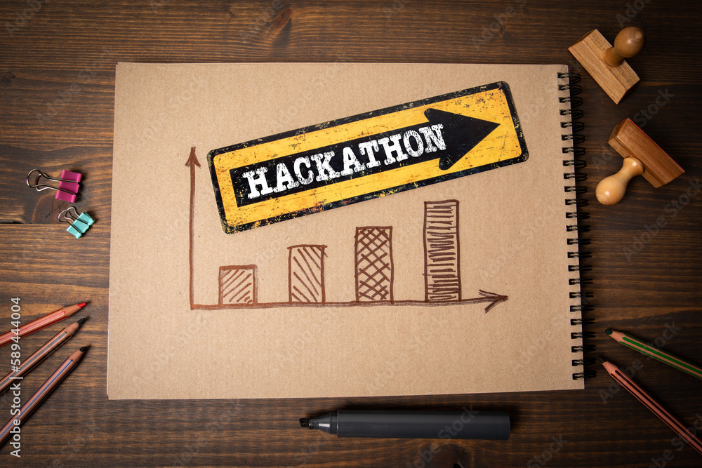 Hackathon concept. Development and success. Wood texture office desk ...