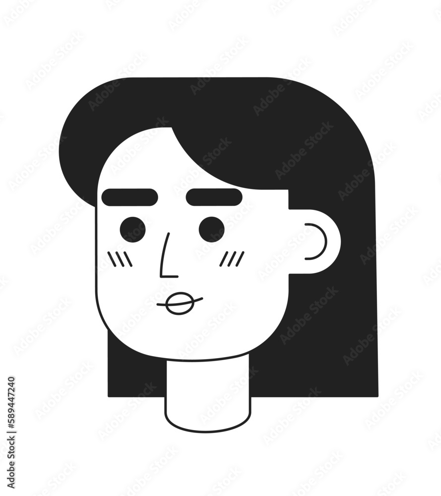 Confident smiling woman monochromatic flat vector character head. Black ...