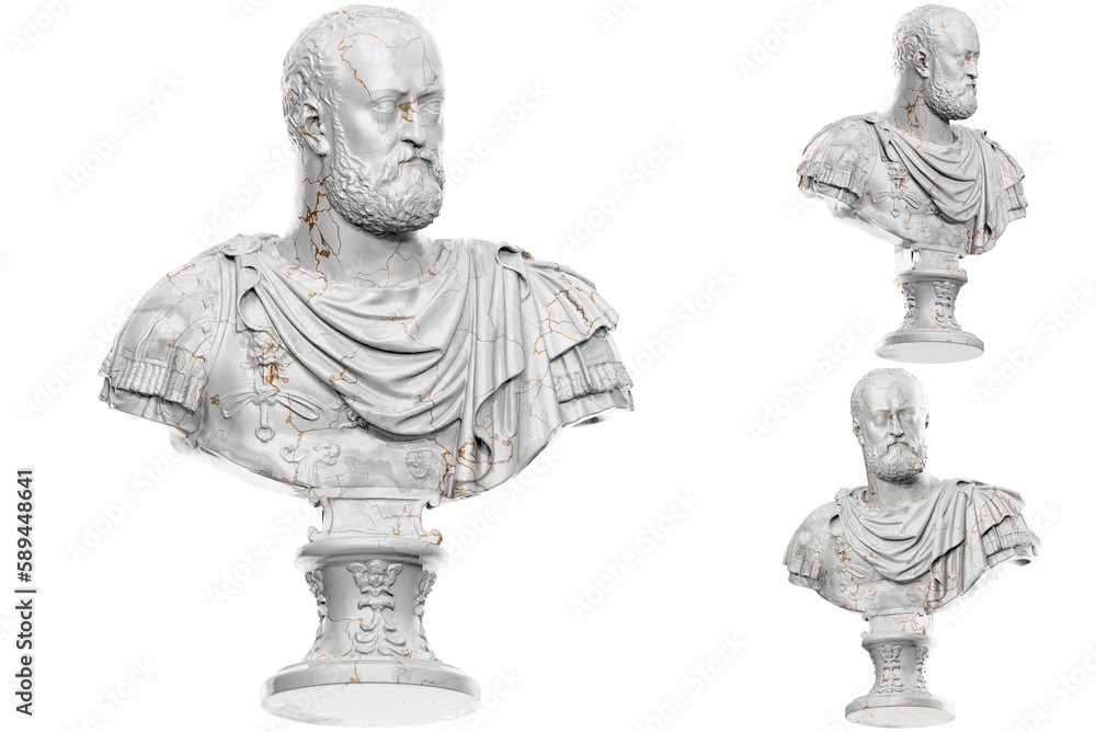 3D render of a historical bust statue with stone texture and gold ...