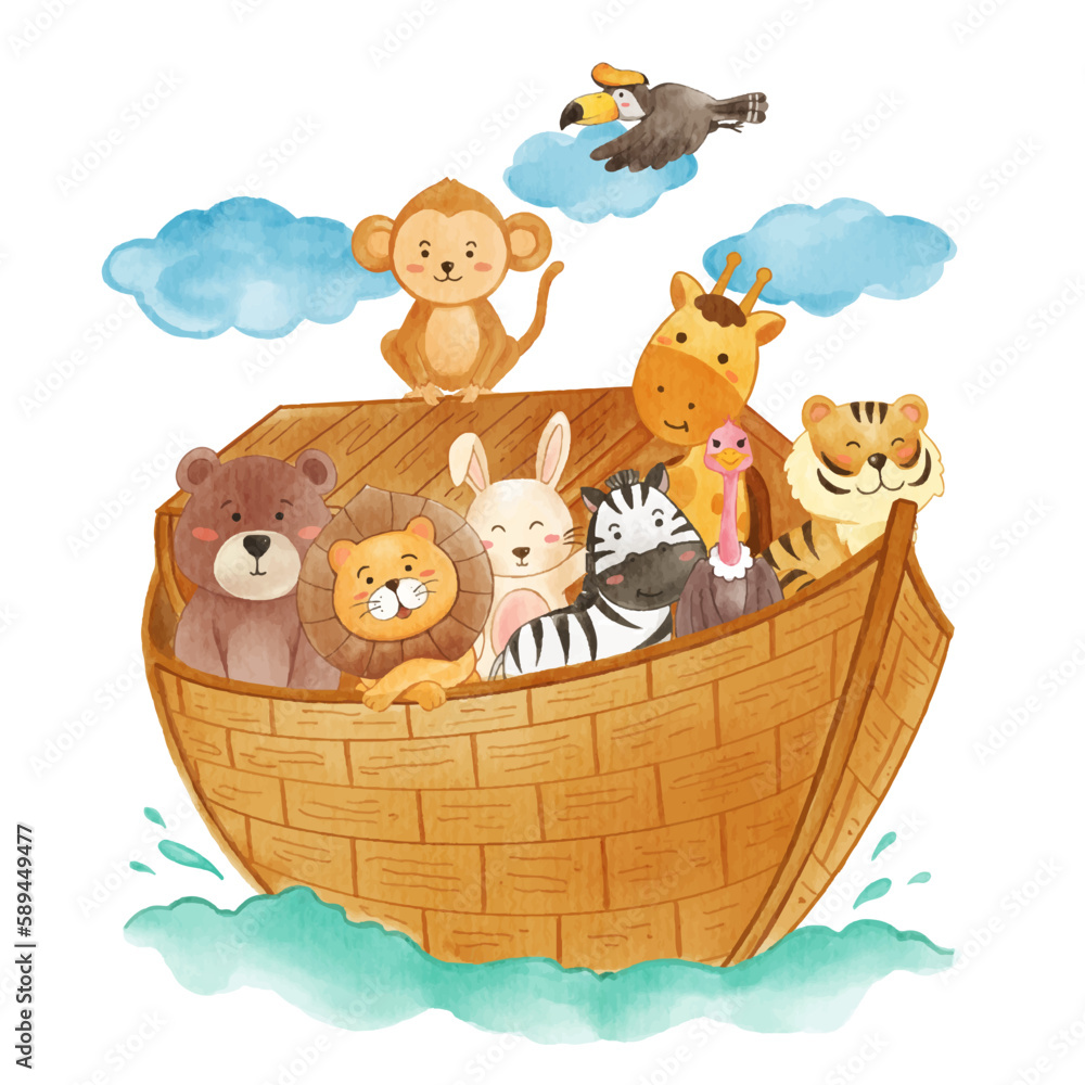 Noah 's ark with many wildlife animals . The flood concept . Realistic ...