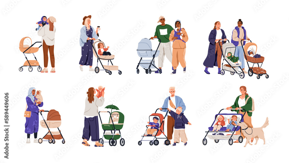 Parents with babies in prams set. Mothers, fathers walking with ...