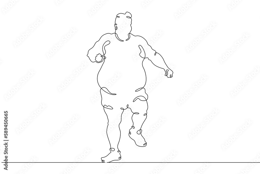 One continuous line. Fat man goes in for sports. Fatty runs on a run ...