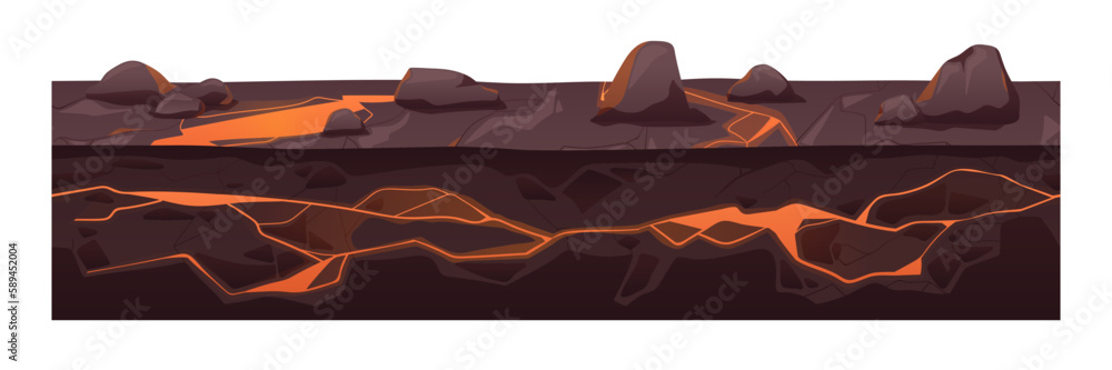 Black soil, magma with hot lava flows, cross section. Seamless ...
