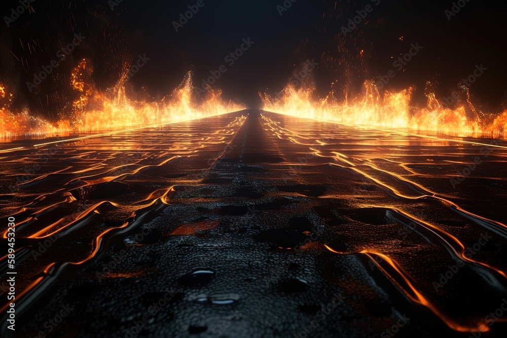 3d rendering, abstract black background with wet long road on fire ...
