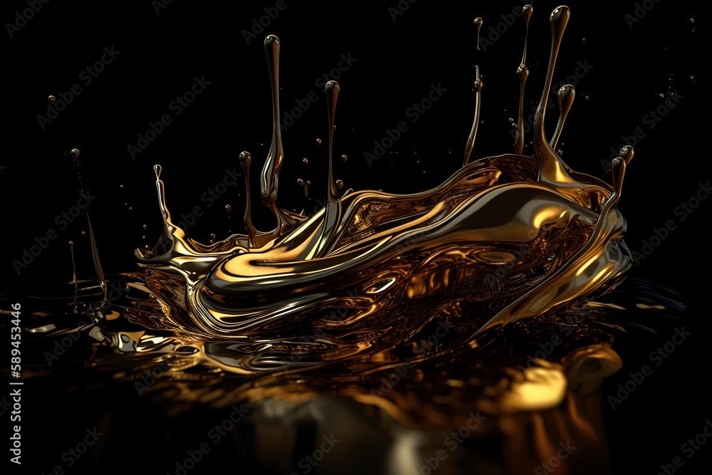3d rendering, shiny gold liquid splash, metallic wave, swirl, cosmetic oil, golden splashing ...