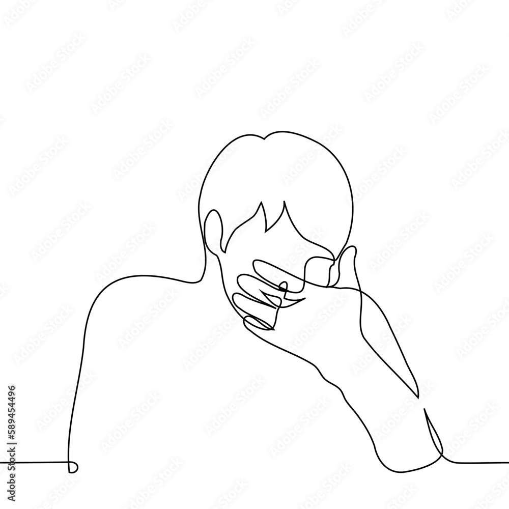 man laughing covering his mouth with his hand - one line drawing vector ...