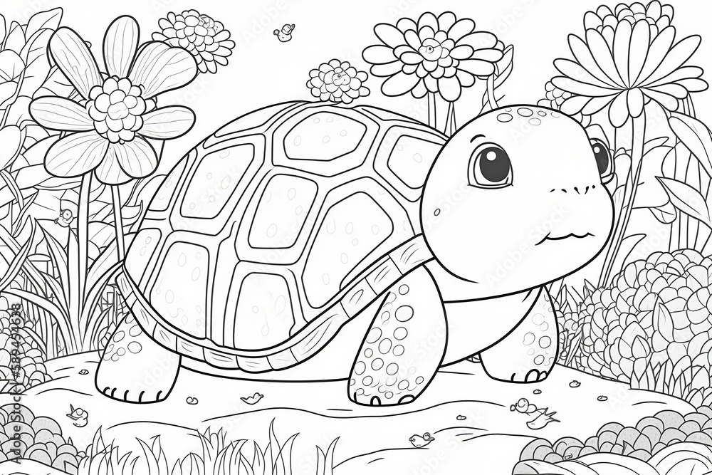 Trtule in a Garden Coloring Page for adults and kids, Generative AI ...
