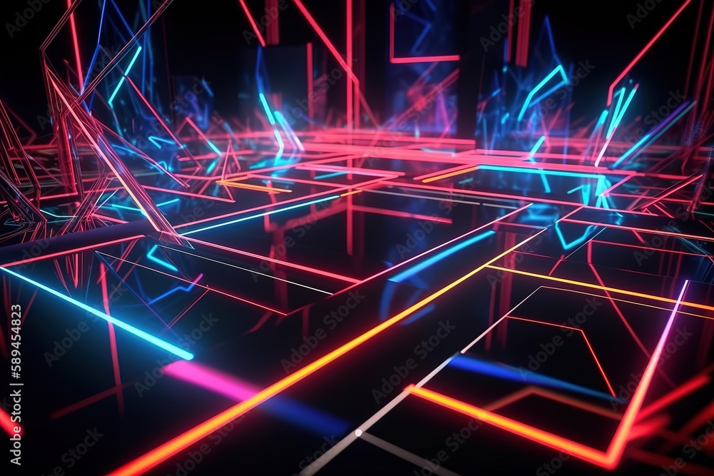 3d render, abstract neon ines over black background with perspective ...