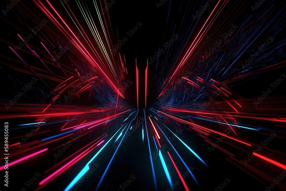 3d render, abstract neon ines over black background with perspective ...