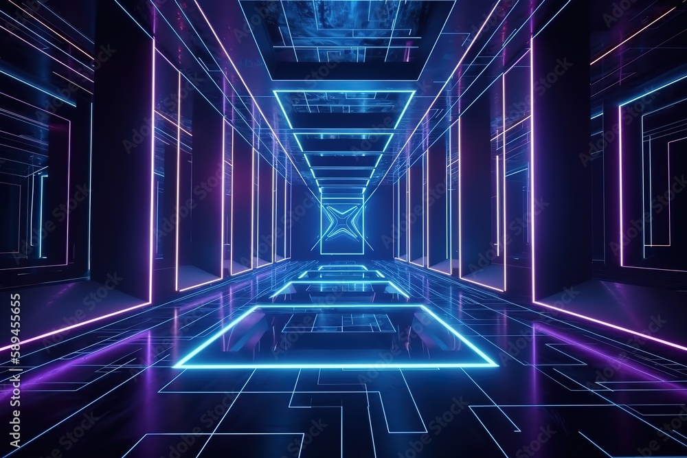 3d render, neon light, rhombus, virtual reality, square esoteric portal ...