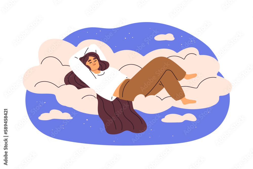 Happy woman sleeping on soft cloud. Girl lying, relaxing in sky, heaven ...
