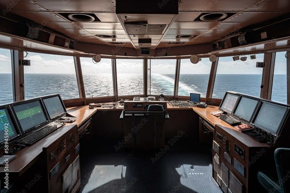 From the captain's cabin, a stunning view of a massive container ship ...