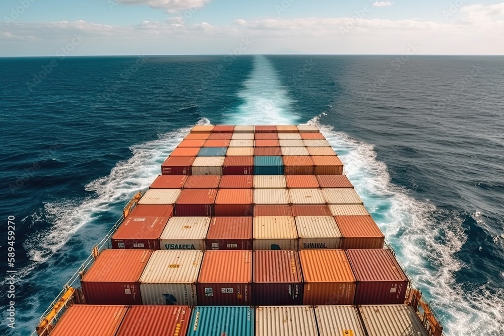 The deck of a massive container ship is shown, with rows of stacked ...