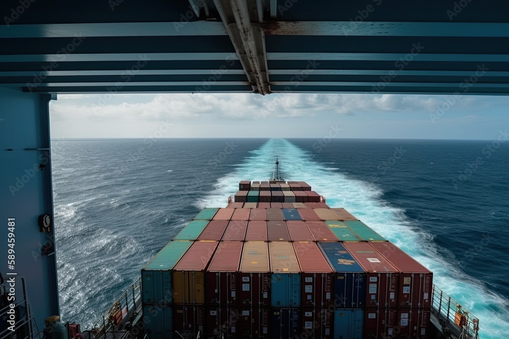 The deck of a massive container ship is shown, with rows of stacked ...