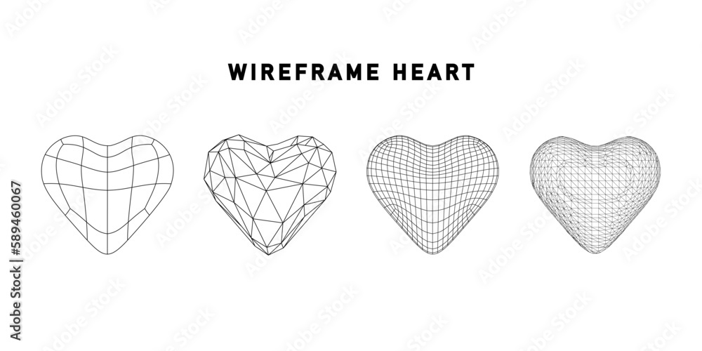 Wireframe heart with connected lines. Abstract 3d grid design PNG ...
