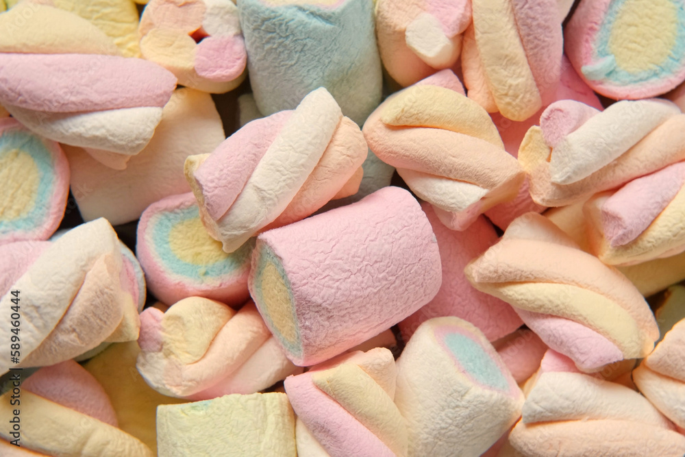 Colorful marshmallow spinning, rotation. Sweet food background. Close ...