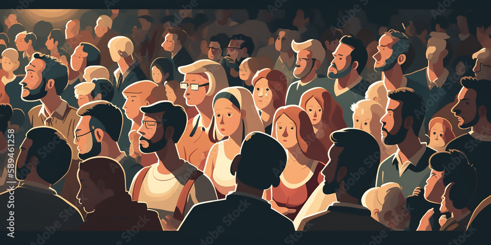 A large group of people stand together in a crowd, forming a vibrant ...