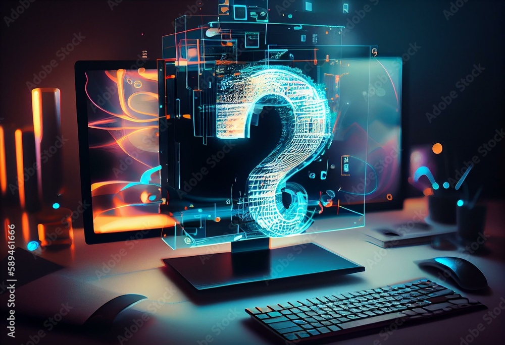Creative abstract question mark hologram and modern desktop with pc on ...