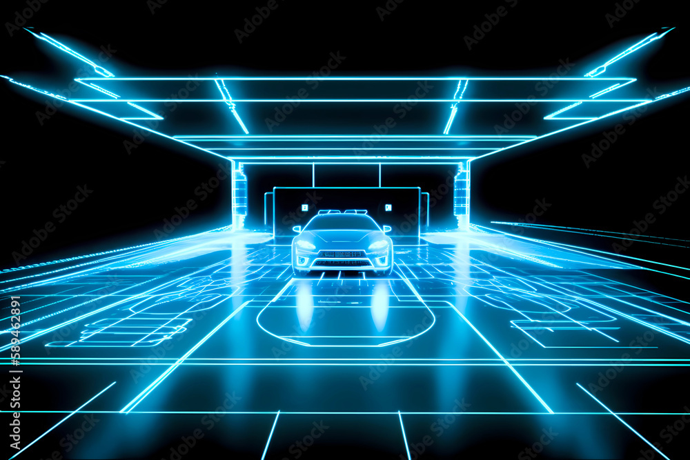 Neon outlined sports car. Automobile blueprint in 3d perspective. Ai ...