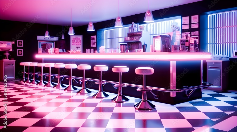 Neon pink retro diner interior with bar stools end checkerboard floor ...