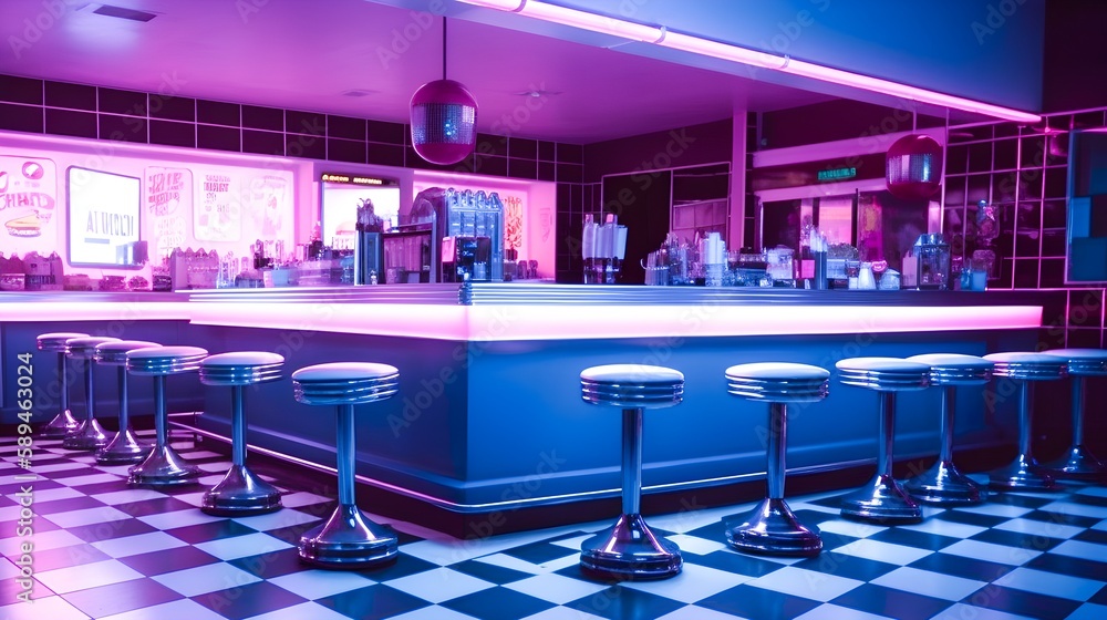Neon blue and pink retro diner interior with bar stools end ...