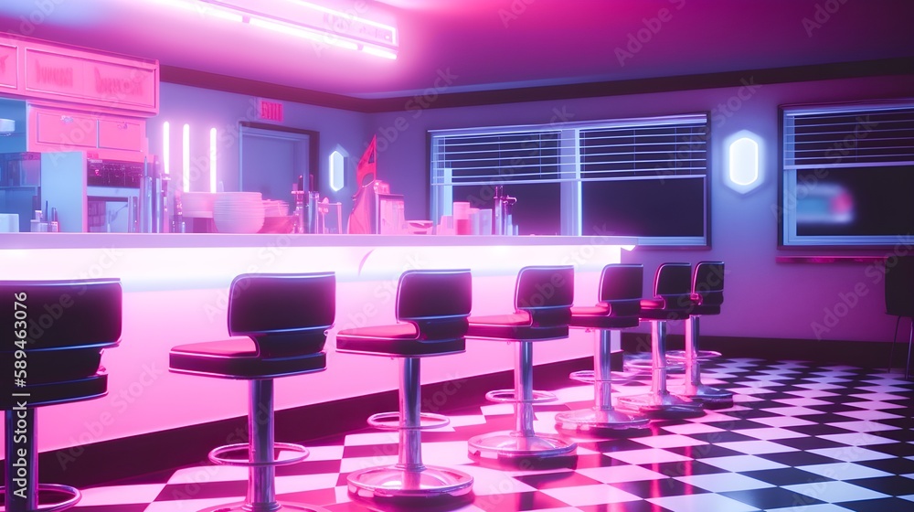 Neon pink retro diner interior with bar stools end checkerboard floor ...