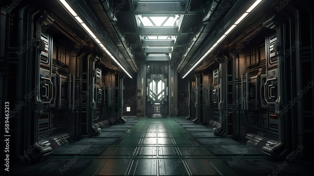 Futuristic dark sci-fi spaceship corridors and interior with led lamps and metallic ceilings and ...