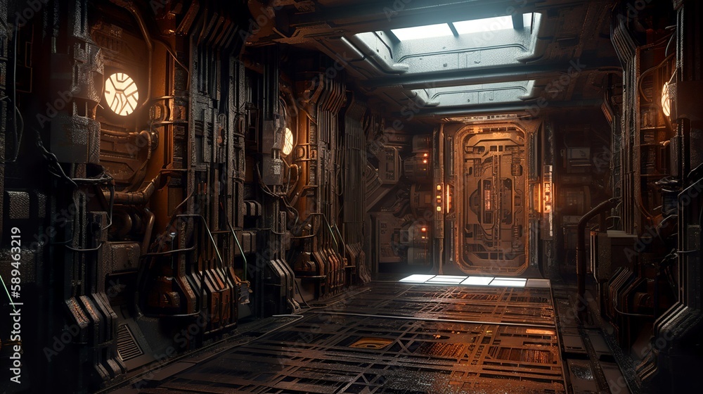 Futuristic dark sci-fi spaceship corridors and interior with led lamps ...